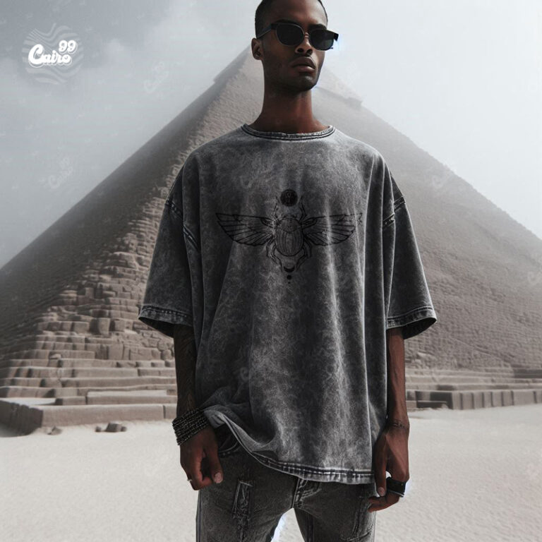 Black scarab Oversized T-shirt for men – Stone Washed-Gray – Cairo99